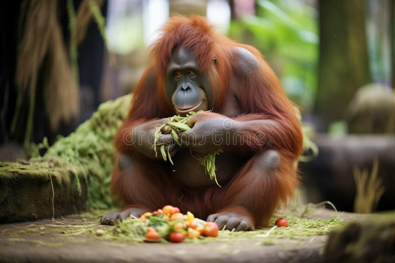 Orangutan Sitting on Rainforest Floor Eating Fruit Stock Photo - Image ...