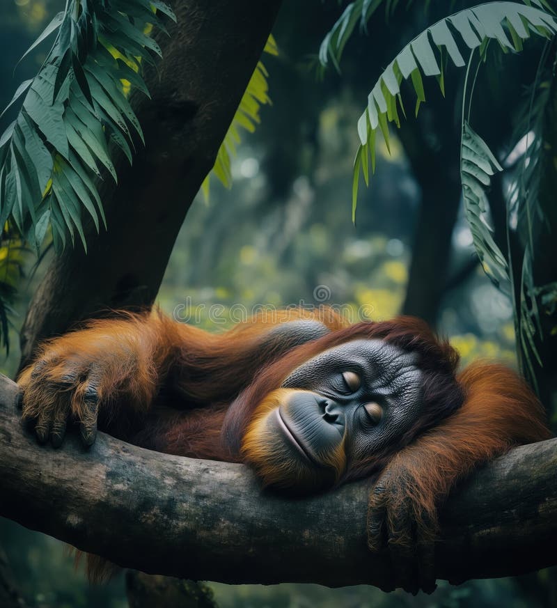 Orangutan Sleeping on Tree Branch, Lush Jungle Background, Peaceful ...