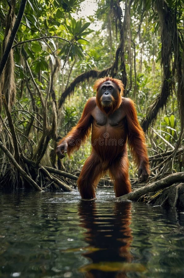 Majestic Bornean Orangutan Wading through a Tranquil Mangrove Swamp ...