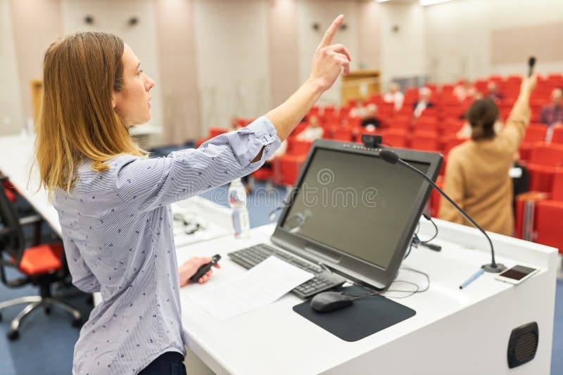 Orator at Panel Discussing with Audience in Business Conference Stock ...