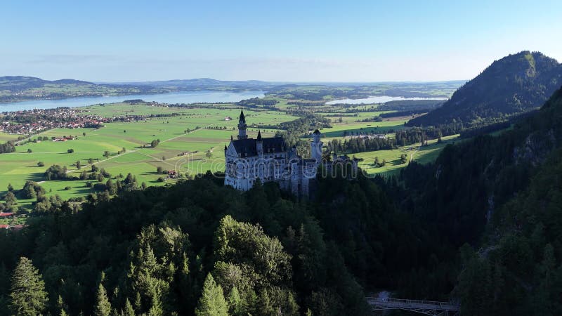 Orbit Panorama Flight Around Neuschwanstein Castle and Lake Forggensee ...