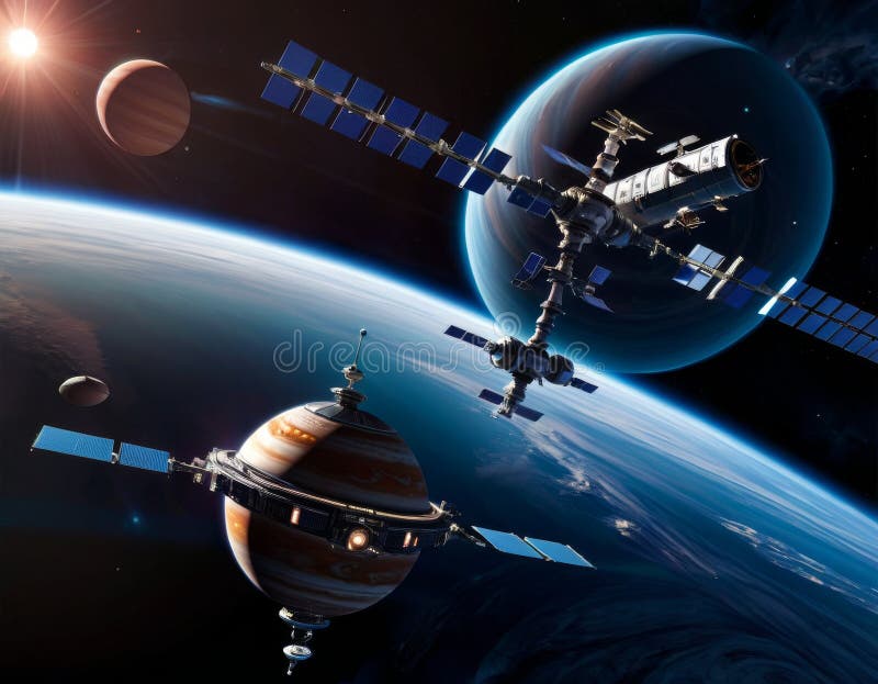 Orbital Space Station Above Diverse Planetary System Stock Illustration ...