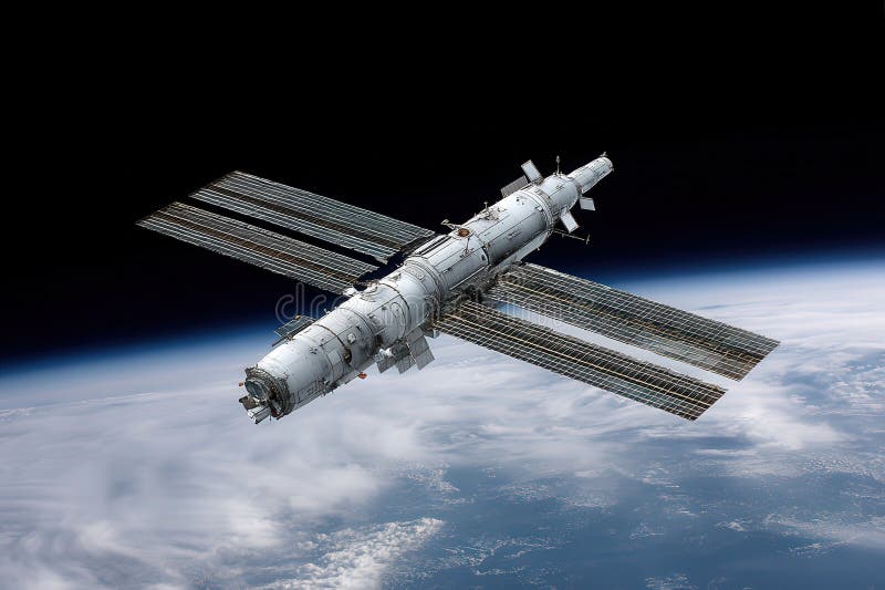 Orbital Space Station Floating Above Earth Showing Detailed Structural ...