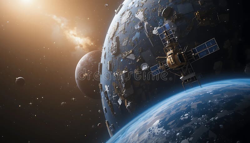 Orbiting Satellite Around a Distant Planet with Nebulas in Space Stock Illustration ...