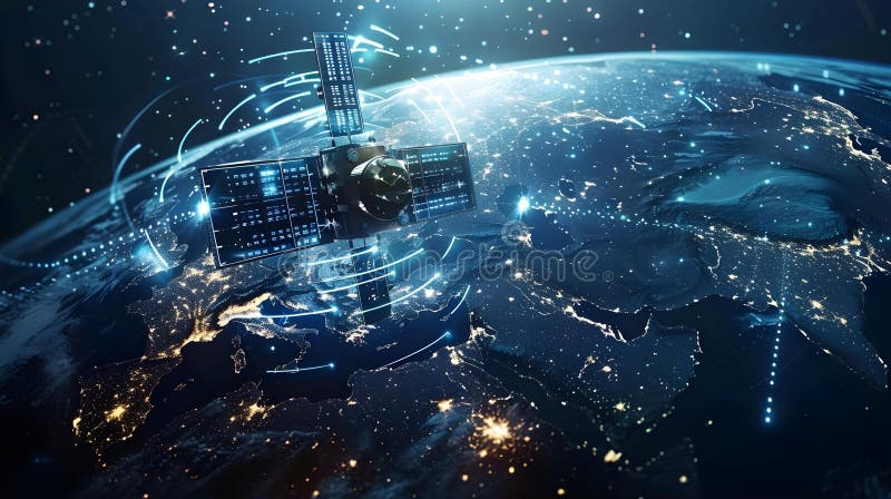 Orbiting Satellite Over Digital Earth Data. Concept Earth Observation ...