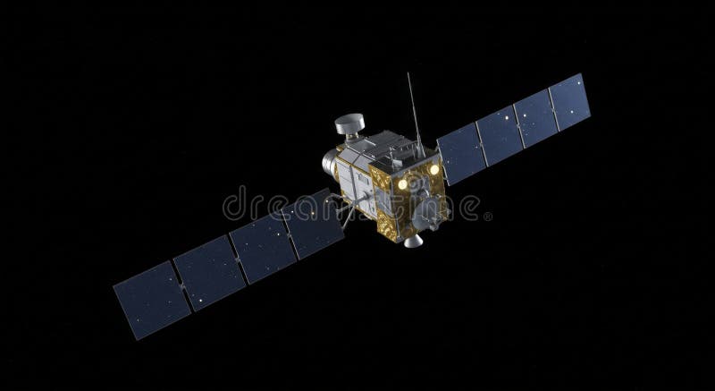 Orbiting Satellite with Solar Panels Against Deep Space Background ...