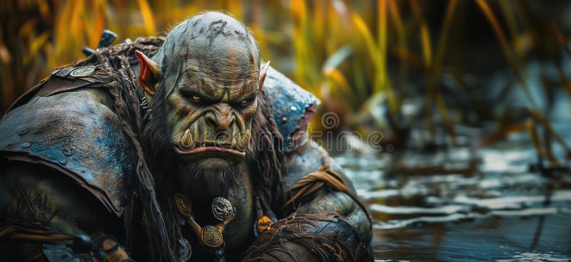 Orc Warrior Emerging from Swampy Waters with Fierce Expression and ...