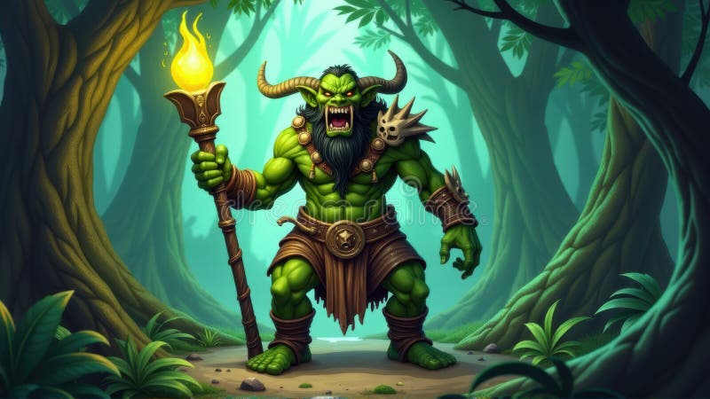 Orc Warrior in Forest with Torch Stock Illustration - Illustration of ...