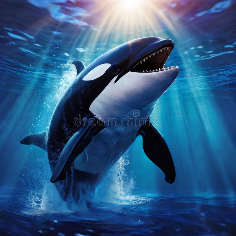 Orca Breaching in Deep Blue Ocean Under Sunlight Stock Photo - Image of ...