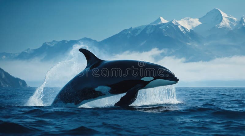 Orca Breaching in Front of Majestic Mountains during a Bright Day in a ...