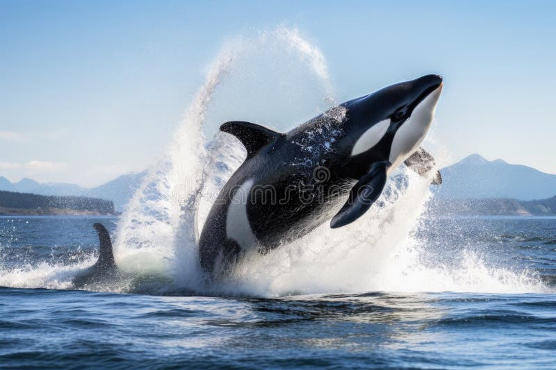 Orca Breaching in the Open Ocean, Creating a Splash Stock Photo - Image ...