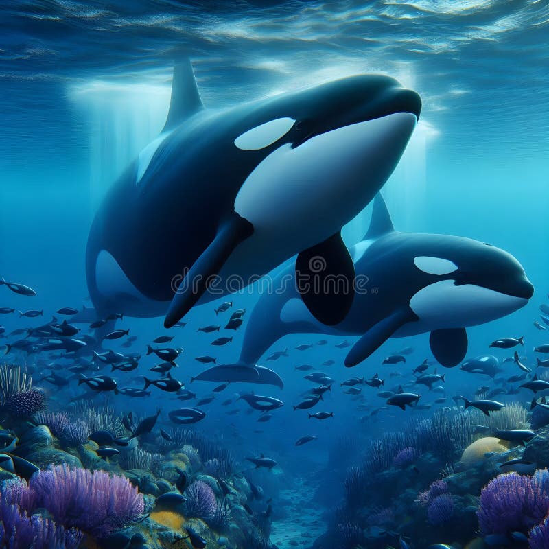 Orca Couple Exploring the Sea Stock Illustration - Illustration of ...