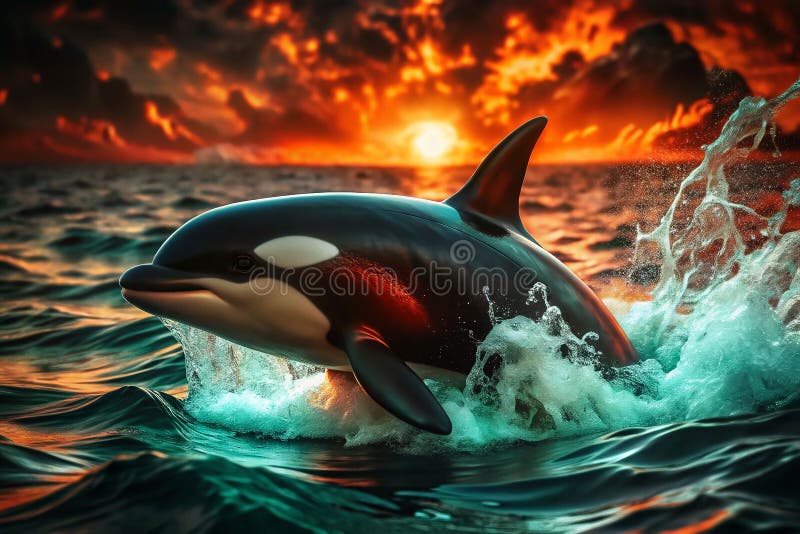 Orca Leaping in Ocean Sunset Stock Illustration - Illustration of ...