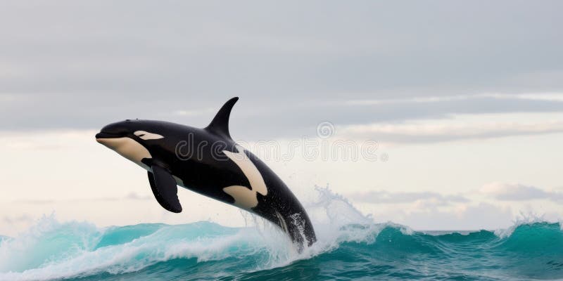 Orca Leaping from the Ocean Waves Under a Cloudy Sky. Stock Photo ...