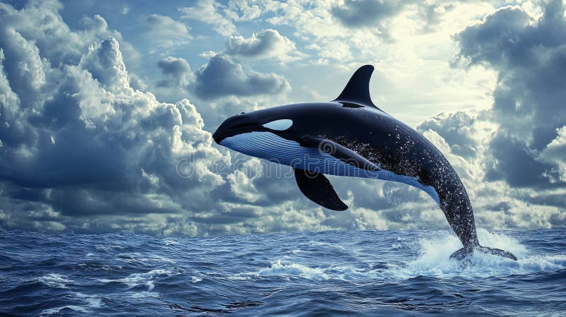 Orca Leaping Out of Ocean Under Dramatic Cloudy Sky, Wildlife Scene ...