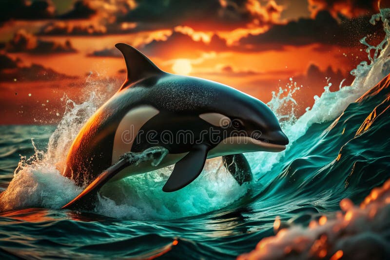 Orca Leaping Sunset Ocean Wave Dramatic Stock Illustration ...