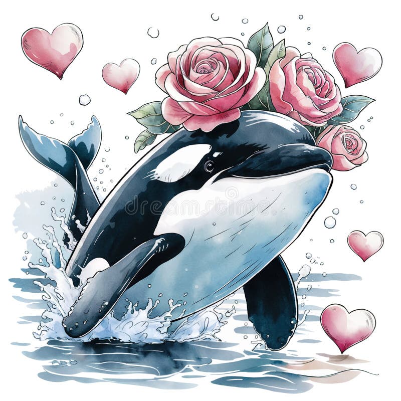 Orca Leaps Out of the Water Adorned with a Crown of Vibrant Pink Roses ...