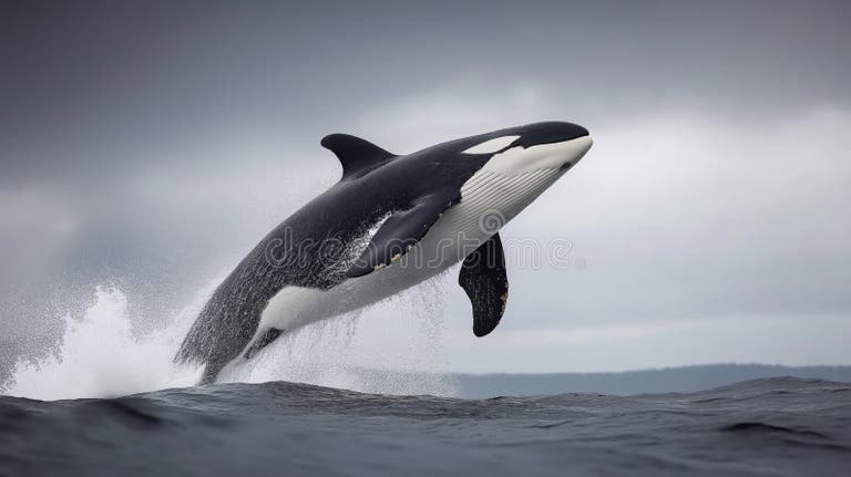 An Orca Leaps Out of the Water, Creating a Splash, Against a Backdrop ...