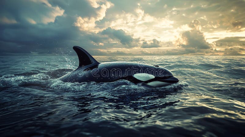 Orca Swimming in Ocean Under Dramatic Sunset Sky Stock Illustration ...