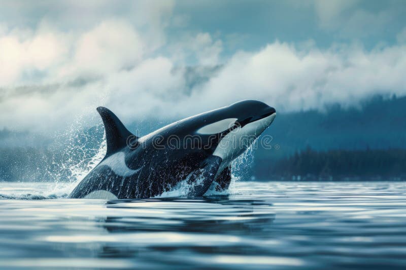 Orca Whale Breaching Ocean Surface with Splash and Mist Stock Image ...