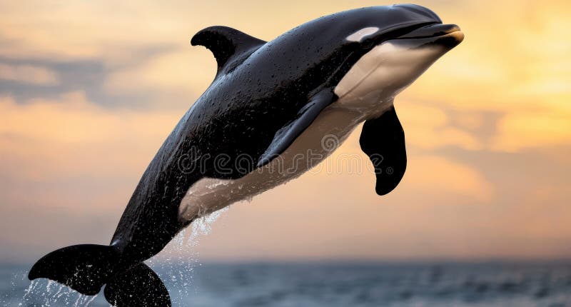 Orca Whale Breaching the Ocean Surface at Sunset. Stock Illustration ...
