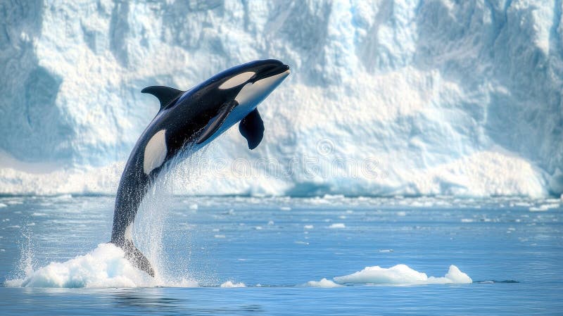 Orca Whale Jumping in Arctic Waters with Glacier in Background Stock ...