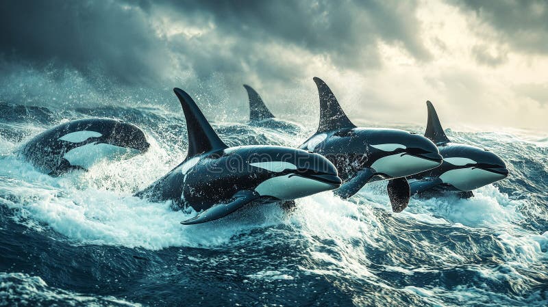 Orcas Swimming Energetically in Ocean Under Dramatic Sky. Ai Generative ...
