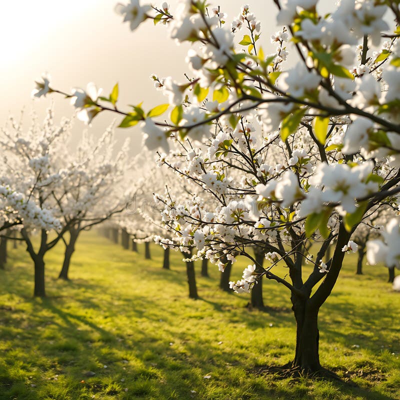 Orchard with Blooming Trees in Soft Light Stock Illustration ...