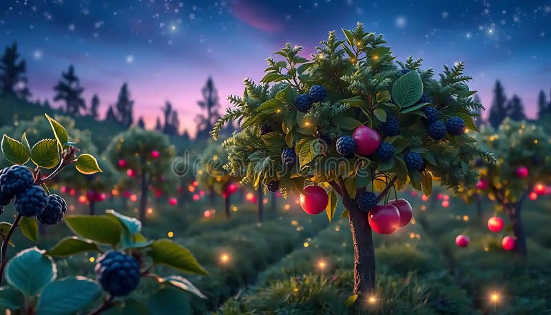 An Orchard Scene Featuring Fruit Trees at Twilight Stock Illustration ...