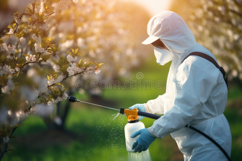 Orchard Worker Applying Insecticide To Protect Fruit Trees, Blossoming ...