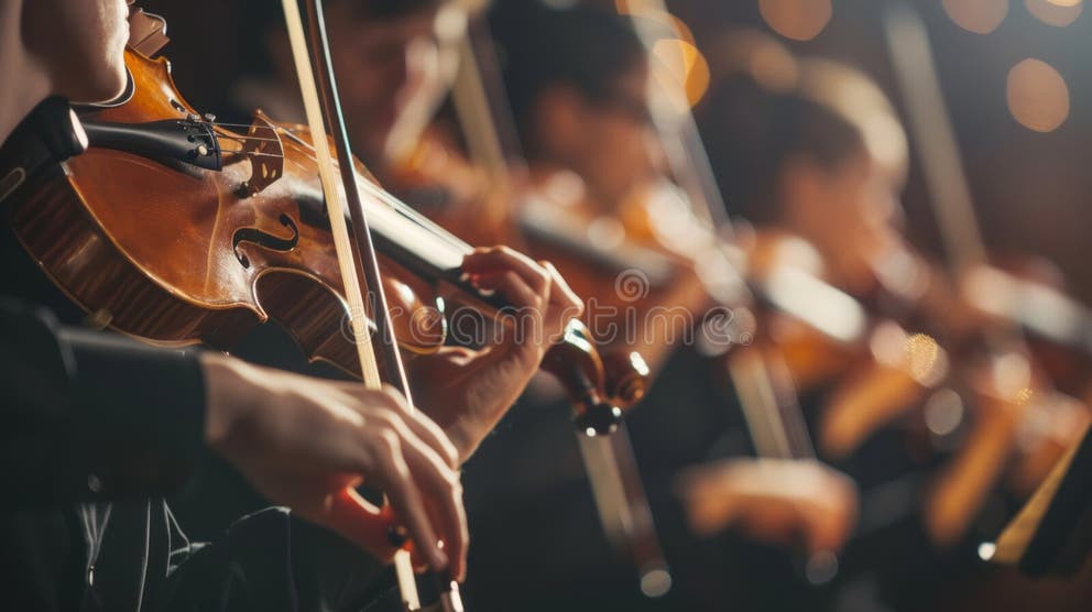 Orchestra Performing a Live Concert Featuring String Instruments in an ...