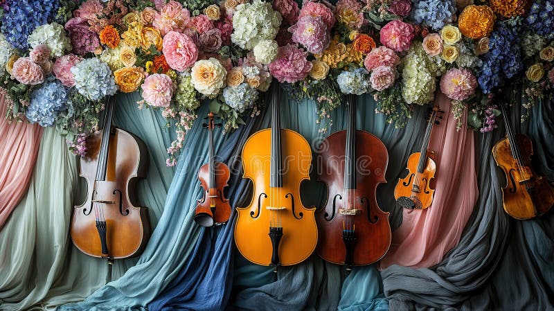 Orchestra Instruments Adorned with Colorful Floral Backdrop Stock ...