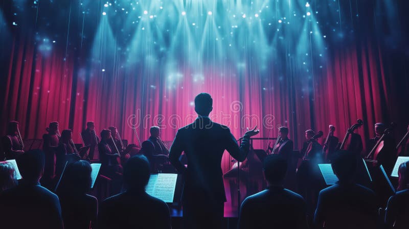 Orchestra Performance Conductor Leading Musicians on Stage, Dramatic ...