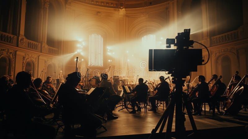 Orchestra Performing in a Grand Hall with Dramatic Lighting during a ...