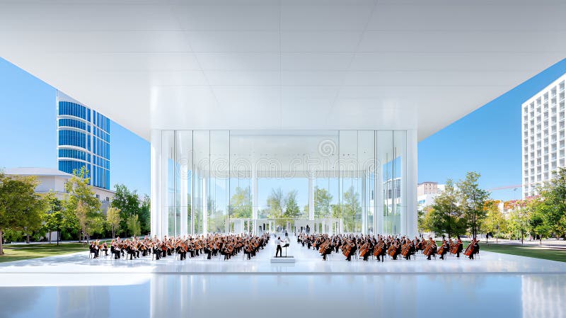 Orchestra Performing Outdoors Under Modern Architecture on a Sunny Day Stock Illustration ...