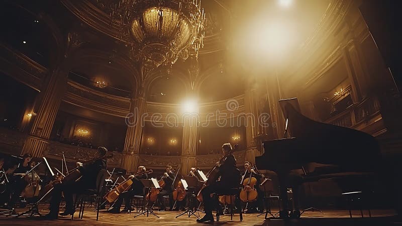 Orchestra Performing on Stage in Grand Hall Stock Image - Image of ...