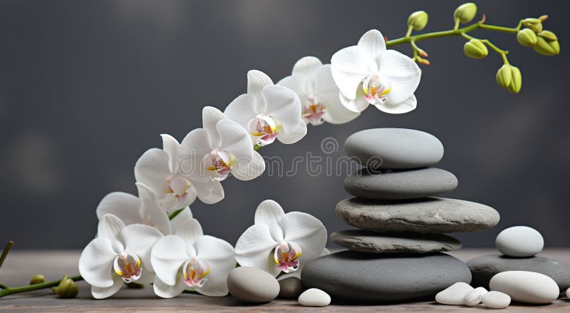White Orchid and Stones: Harmony of Tenderness and Simplicity. Stock ...