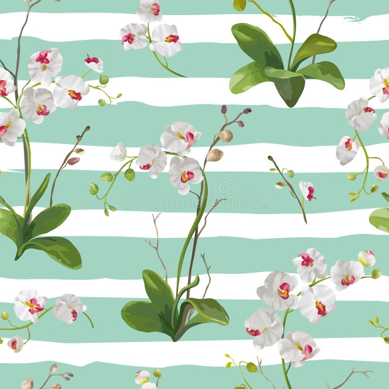 Orchid Tropical Leaves and Flowers Background. Seamless Pattern Stock ...