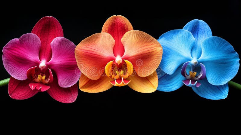Orchids in Bold Red, Orange, and Blue Colors, Set Against a Dark ...