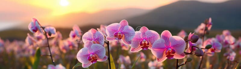 Orchids Field Blurred Sunrise Banner Background. Generative AI Stock ...