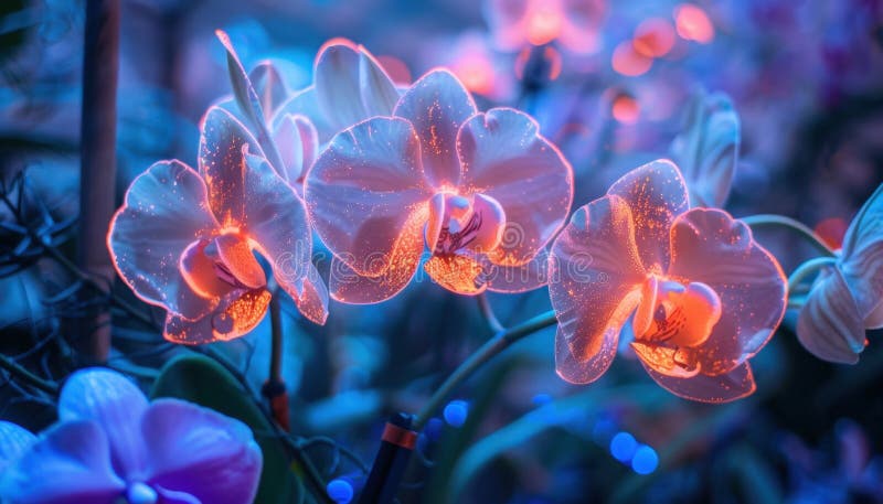 Illuminated Orchids in a Vibrant Garden during Twilight Stock Image ...