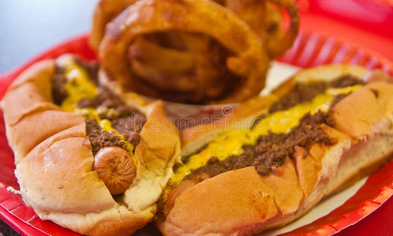 Order of Chili Dogs and Onion Rings Stock Photo - Image of fresh ...