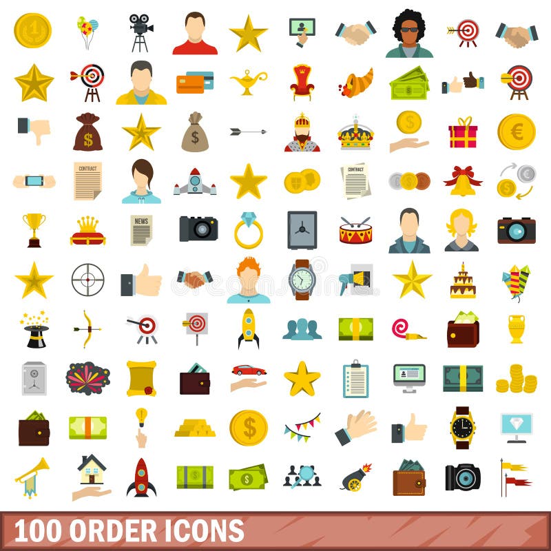 100 Order Icons Set, Flat Style Stock Vector - Illustration of honor ...