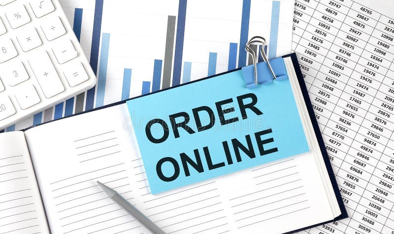 ORDER ONLINE Text on Blue Sticker on the Chart Background Near ...