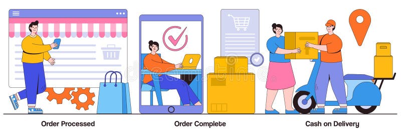 Order Processed, Order Complete, Cash on Delivery Concept with Tiny ...