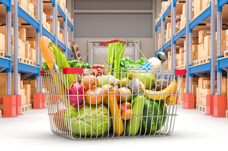 Order Products Concept. Shopping Basket Full of Products in Storehouse ...