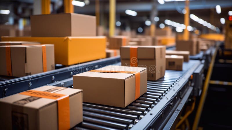 Order Sorting. Many Cardboard Boxes on a Sorting Conveyor. Belt with ...