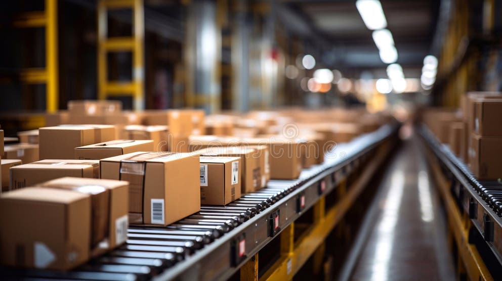 Order Sorting. Many Cardboard Boxes on a Sorting Conveyor. Belt with ...