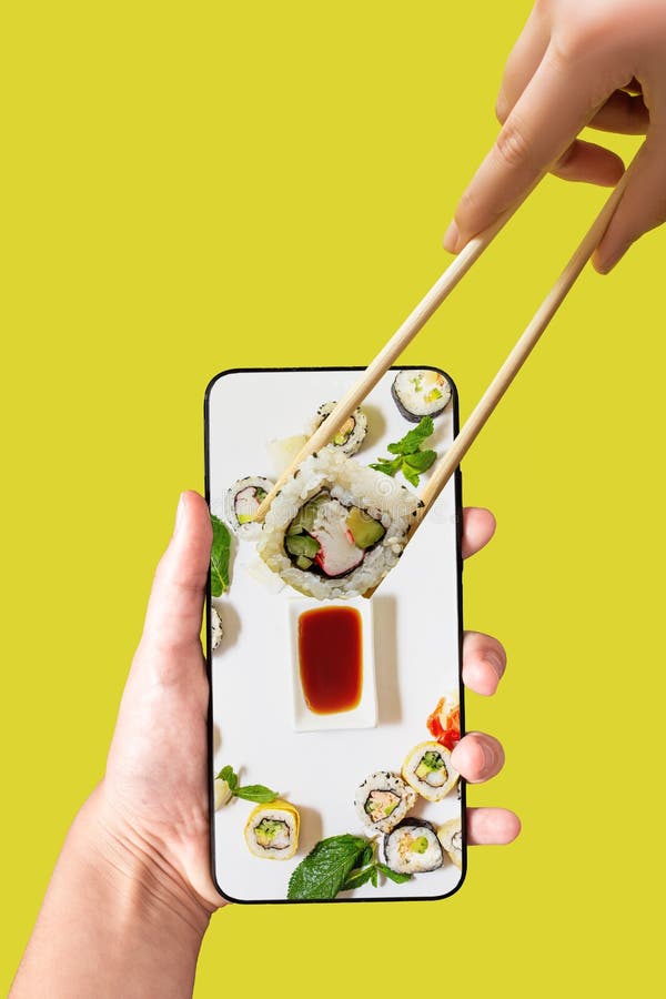 Order Sushi Set Using Mobile Phone App. Online Food Delivery Concept ...