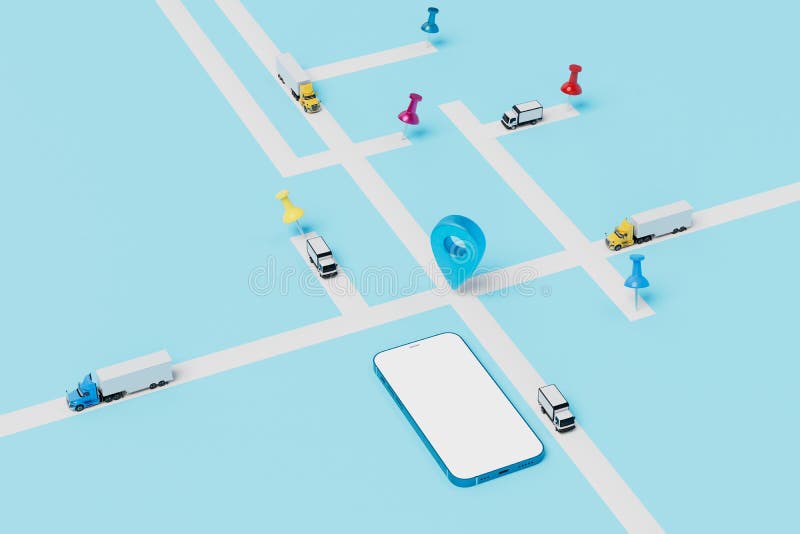 Ordering the Delivery of Goods Online. Smartphone and Trucks Driving ...